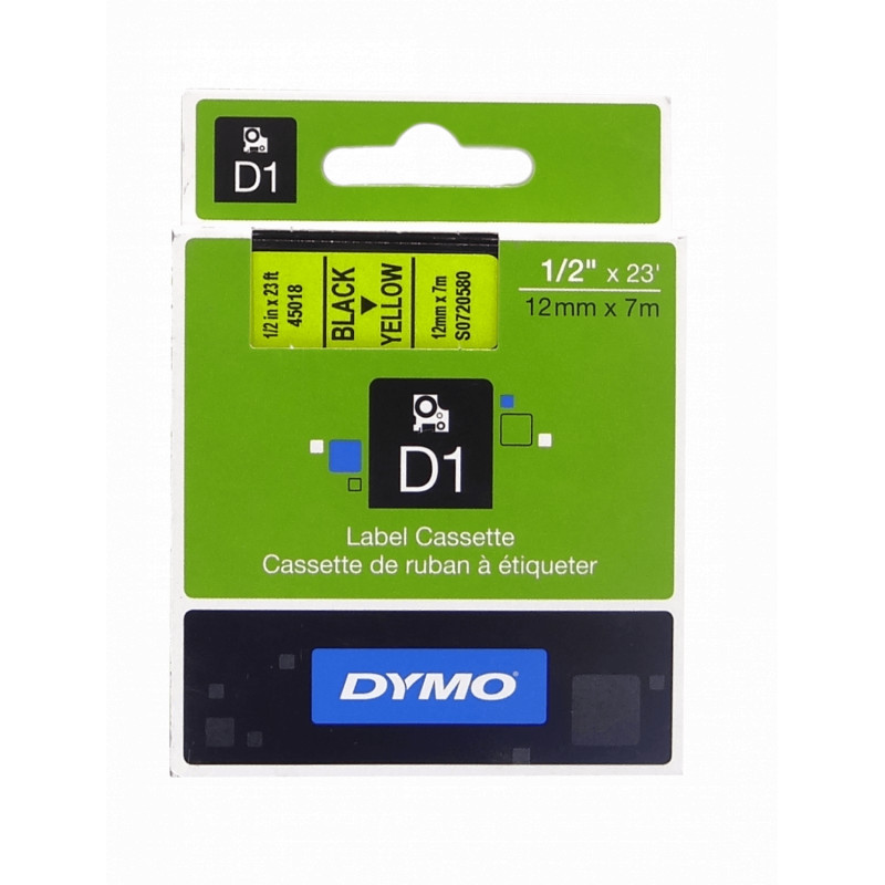 45018 DYMO 12mm Negro en Fondo Amarillo Cinta 7mt D1-Label Cassette