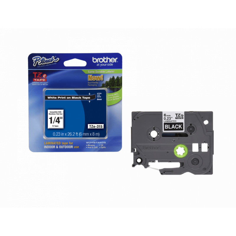 TZE-315 BROTHER 6mm Blanco en Fondo Negro Cinta 8mt
