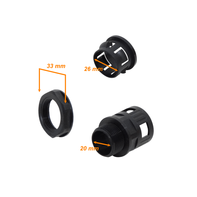 FLEP25-SA 25mm Salida Caja Prensa Estopa p/Conduit Flexible Plastico Negro