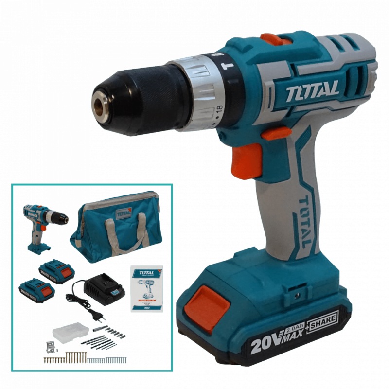 TALA-SET TOTAL Taladro Inalambrico 0,8-10mm + 2 bateria-Litio 20V 2Ah ...